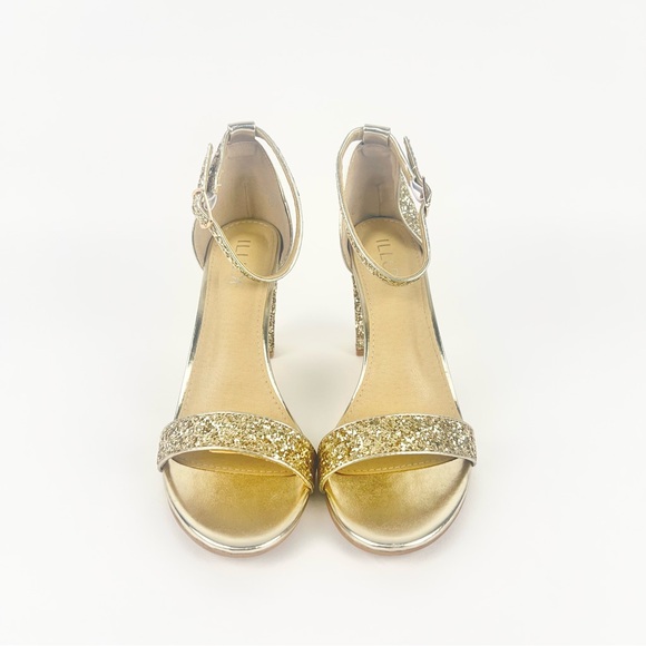Illude | Shoes | Gold Glitter Ankle Strap Block Heel Shoes | Poshmark